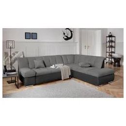 Ecksofa DOMO collection "Mona L-Form" Sofas Gr. B/H/T: 271cm x 80cm x 213cm, Kunstleder SOFTLUX-Struktur fein, Ottomane rechts, ohne Bettfunktion-mit Armlehnenfunktion, schwarz (schwarz, grau) wahlweise mit Bett- und Armlehnfunktion