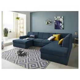 Wohnlandschaft DOMO collection "Topper U-Form" Sofas Gr. B/H/T: 320cm x 78cm x 213cm, Struktur fein, Ottomane rechts, Mit Bettfunktion, blau (dunkelblau) wahlweise mit Bettfunktion