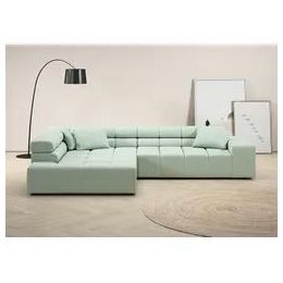 Ecksofa Inosign "Ancona incl. Kopfteilverstellung, Zierkissen Breite 319cm, L-Form" Sofas Gr. B/H/T: 319cm x 70cm x 215cm, Veloursstoff, Recamiere links, ohne Sitztiefenverstellung, grün (mint) wahlweise motorische Sitztiefenverstellung, auch in Cord + Easy Care