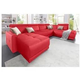 Wohnlandschaft DOMO collection "Ava U-Form" Sofas Gr. B/H/T: 351cm x 84cm x 222cm, Kunstleder SOFTLUX, Ottomane rechts, mit Kopfteilverstellung (Gesamtbreite 351cm), rot mit Federkern, wahlweise Kopfteilverstellungen