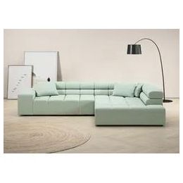 Ecksofa Inosign "Ancona incl. Kopfteilverstellung, Zierkissen Breite 319cm, L-Form" Sofas Gr. B/H/T: 319cm x 70cm x 215cm, Veloursstoff, Recamiere rechts, mit Sitztiefenverstellung, grün (mint) wahlweise motorische Sitztiefenverstellung, auch in Cord + Easy Care