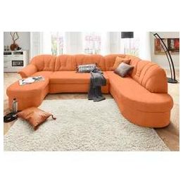 Wohnlandschaft DOMO collection "Elva U-Form" Sofas Gr. B/H/T: 293cm x 84cm x 82cm, Microfaser PRIMABELLE, Recamiere links, ohne Federkern-mit Bettfunktion, orange (terrakotta) wahlweise mit Bettfunktion und Federkern