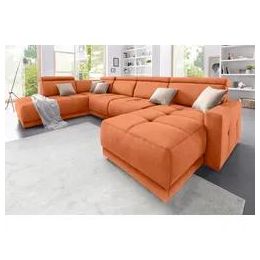 Wohnlandschaft DOMO collection "Ava U-Form" Sofas Gr. B/H/T: 351cm x 84cm x 222cm, Microfaser PRIMABELLE, Ottomane links, ohne Kopfteilverstellung (Gesamtbreite 346cm), orange (terrakotta) mit Federkern, wahlweise Kopfteilverstellungen