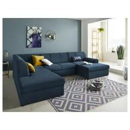 Wohnlandschaft DOMO collection "Topper U-Form" Sofas Gr. B/H/T: 320cm x 78cm x 213cm, Struktur fein, Ottomane links, Mit Bettfunktion, blau (dunkelblau) wahlweise mit Bettfunktion