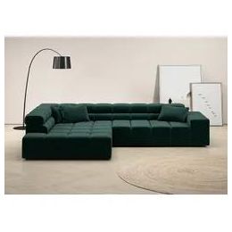 Ecksofa Inosign "Ancona incl. Kopfteilverstellung, Zierkissen Breite 319cm, L-Form" Sofas Gr. B/H/T: 319cm x 70cm x 215cm, Samtoptik, Recamiere links, ohne Sitztiefenverstellung, grün (smaragd) wahlweise motorische Sitztiefenverstellung, auch in Cord + Easy Care