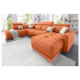 Wohnlandschaft DOMO collection "Ava U-Form" Sofas Gr. B/H/T: 351cm x 84cm x 222cm, Microfaser PRIMABELLE, Ottomane links, mit Kopfteilverstellung (Gesamtbreite 351cm), orange (terrakotta) mit Federkern, wahlweise Kopfteilverstellungen