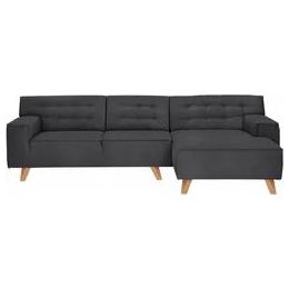 Ecksofa Tom Tailor HOME "NORDIC CHIC" Sofas Gr. B/H/T: 266cm x 77cm x 151cm, Samtstoff STC, Recamiere rechts, schwarz (tarmac stc 19) mit Recamiere, im Retrolook, Füße Buche natur