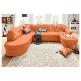 Wohnlandschaft DOMO collection "Elva U-Form" Sofas Gr. B/H/T: 293cm x 84cm x 82cm, Microfaser PRIMABELLE, Recamiere rechts, ohne Federkern-mit Bettfunktion, orange (terrakotta) wahlweise mit Bettfunktion und Federkern