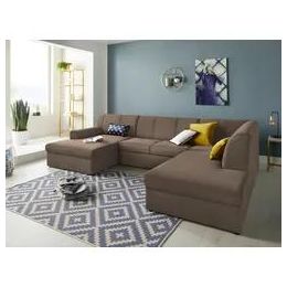 Wohnlandschaft DOMO collection "Topper U-Form" Sofas Gr. B/H/T: 320cm x 78cm x 213cm, Struktur fein, Ottomane rechts, Mit Bettfunktion, braun wahlweise mit Bettfunktion