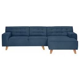 Ecksofa Tom Tailor HOME "NORDIC CHIC" Sofas Gr. B/H/T: 266cm x 77cm x 151cm, Samtstoff STC, Recamiere rechts, blau (ink blue stc 6) mit Recamiere, im Retrolook, Füße Buche natur