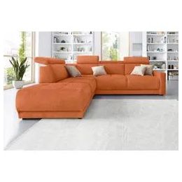 Ecksofa DOMO collection "Ava L-Form" Sofas Gr. B/H/T: 266cm x 84cm x 99cm, Microfaser PRIMABELLE, Ottomane links, mit Kopfteilverstellung, orange (terrakotta) mit Ottomane, Federkern wahlweise Kopfteilverstellungen