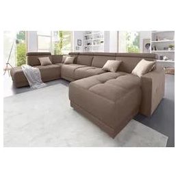 Wohnlandschaft DOMO collection "Ava U-Form" Sofas Gr. B/H/T: 351cm x 84cm x 222cm, Struktur fein, Ottomane links, ohne Kopfteilverstellung (Gesamtbreite 346cm), beige mit Federkern, wahlweise Kopfteilverstellungen