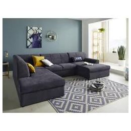 Wohnlandschaft DOMO collection "Topper U-Form" Sofas Gr. B/H/T: 320cm x 78cm x 213cm, Chenille-Optik, Ottomane links, Ohne Bettfunktion, blau (dunkelblau) wahlweise mit Bettfunktion