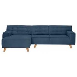 Ecksofa Tom Tailor HOME "NORDIC CHIC" Sofas Gr. B/H/T: 266cm x 77cm x 151cm, Samtstoff STC, Recamiere links, blau (ink blue stc 6) mit Recamiere, im Retrolook, Füße Buche natur