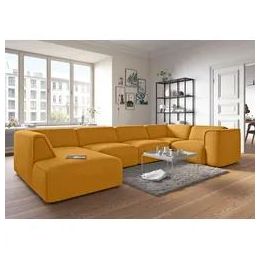 Wohnlandschaft RAUM.ID "Merid U-Form" Sofas Gr. B/H/T: 367cm x 70cm x 206cm, Samtcord, Ottomane links, gelb (curry) als Modul oder separat verwendbar, für individuelle Zusammenstellung