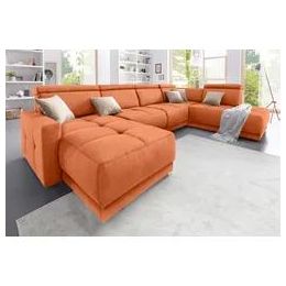 Wohnlandschaft DOMO collection "Ava U-Form" Sofas Gr. B/H/T: 351cm x 84cm x 222cm, Microfaser PRIMABELLE, Ottomane rechts, mit Kopfteilverstellung (Gesamtbreite 351cm), orange (terrakotta) mit Federkern, wahlweise Kopfteilverstellungen