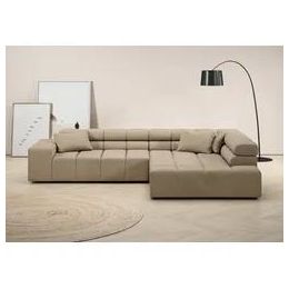 Ecksofa Inosign "Ancona incl. Kopfteilverstellung, Zierkissen Breite 319cm, L-Form" Sofas Gr. B/H/T: 319cm x 70cm x 215cm, Feincord, Recamiere rechts, ohne Sitztiefenverstellung, beige (sand) wahlweise motorische Sitztiefenverstellung, auch in Cord + Easy Care