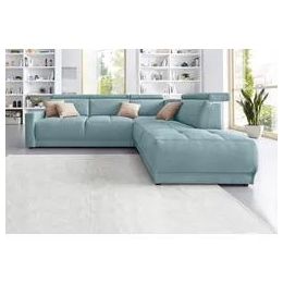 Ecksofa DOMO collection "Ava L-Form", blau (aqua), B:266cm H:84cm T:99cm, Kunstleder SOFTLUX, Struktur fein (100% Polyester), Zierkissen: Microfaser PRIMABELLE (100% Polyester), Struktur (100% Polyester), Microfaser PRIMABELLE (100% Polyester), Sofas, mit Ottomane, Federkern wahlweise mit Kopfteilverstellungen