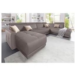 Wohnlandschaft DOMO collection "Ava U-Form" Sofas Gr. B/H/T: 351cm x 84cm x 222cm, Kunstleder SOFTLUX, Ottomane rechts, ohne Kopfteilverstellung (Gesamtbreite 346cm), braun (schlamm) mit Federkern, wahlweise Kopfteilverstellungen