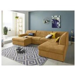 Wohnlandschaft DOMO collection "Topper U-Form" Sofas Gr. B/H/T: 320cm x 78cm x 213cm, Chenille-Optik, Ottomane rechts, Mit Bettfunktion, gelb (senf) wahlweise mit Bettfunktion