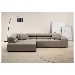 Ecksofa Inosign "Ancona incl. Kopfteilverstellung, Zierkissen Breite 319cm, L-Form" Sofas Gr. B/H/T: 319cm x 70cm x 215cm, Struktur, Recamiere links, mit Sitztiefenverstellung, grau (taupe) wahlweise motorische Sitztiefenverstellung, auch in Cord + Easy Care