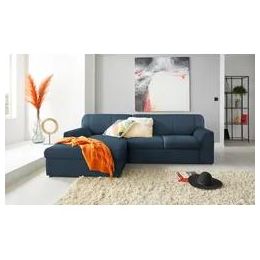 Ecksofa DOMO collection "Topper L-Form" Sofas Gr. B/H/T: 245cm x 78cm x 155cm, Struktur fein, Recamiere links, Mit Bettfunktion, blau (dunkelblau) mit Recamiere, wahlweise Schlaffunktion