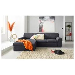 Ecksofa DOMO collection "Topper L-Form" Sofas Gr. B/H/T: 245cm x 78cm x 155cm, Chenille-Optik, Recamiere links, Mit Bettfunktion, blau (dunkelblau) mit Recamiere, wahlweise Schlaffunktion