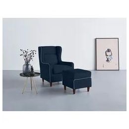 Ohrensessel Inosign "Rhada" Sessel Gr. Samtoptik, B/H/T: 73cm x 99cm x 85cm, blau (tiefblau) mit farblich abgesetztem Keder, BTH: 738599 cm