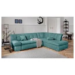 Ecksofa DOMO collection "Mona L-Form" Sofas Gr. B/H/T: 271cm x 80cm x 213cm, Luxus-Microfaser Chenilleoptik, Ottomane rechts, ohne Funktion, blau (petrol) wahlweise mit Bett- und Armlehnfunktion