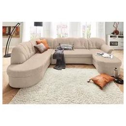 Wohnlandschaft DOMO collection "Elva U-Form" Sofas Gr. B/H/T: 293cm x 84cm x 82cm, Microfaser PRIMABELLE, Recamiere rechts, ohne Federkern-mit Bettfunktion, beige (natur) wahlweise mit Bettfunktion und Federkern