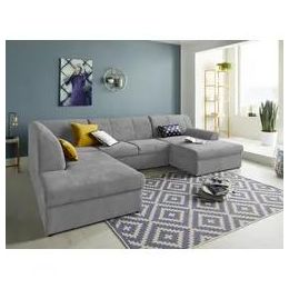 Wohnlandschaft DOMO collection "Topper U-Form" Sofas Gr. B/H/T: 320 cm x 78 cm x 213 cm, Chenille-Optik, Ottomane links, Mit Bettfunktion, grau (hellgrau) wahlweise mit Bettfunktion