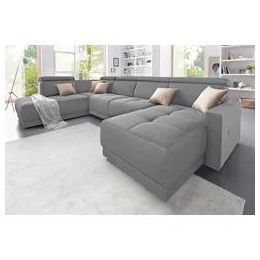 Wohnlandschaft DOMO collection "Ava U-Form" Sofas Gr. B/H/T: 351cm x 84cm x 222cm, Struktur fein, Ottomane links, ohne Kopfteilverstellung (Gesamtbreite 346cm), grau mit Federkern, wahlweise Kopfteilverstellungen