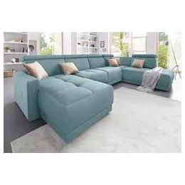 Wohnlandschaft DOMO collection "Ava U-Form" Sofas Gr. B/H/T: 351cm x 84cm x 222cm, Struktur fein, Ottomane rechts, mit Kopfteilverstellung (Gesamtbreite 351cm), blau (aqua) mit Federkern, wahlweise Kopfteilverstellungen