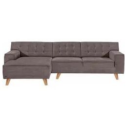 Ecksofa Tom Tailor HOME "NORDIC CHIC" Sofas Gr. B/H/T: 266cm x 77cm x 151cm, Vintage Webstoff TUS, Recamiere links, braun (brown tus 4) mit Recamiere, im Retrolook, Füße Buche natur