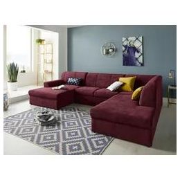 Wohnlandschaft DOMO collection "Topper U-Form" Sofas Gr. B/H/T: 320cm x 78cm x 213cm, Chenille-Optik, Ottomane rechts, Ohne Bettfunktion, lila (beere) wahlweise mit Bettfunktion