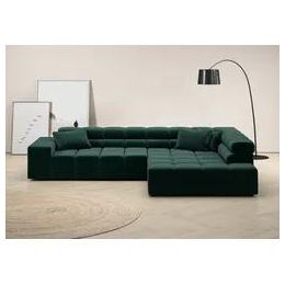 Ecksofa Inosign "Ancona incl. Kopfteilverstellung, Zierkissen Breite 319cm, L-Form" Sofas Gr. B/H/T: 319cm x 70cm x 215cm, Samtoptik, Recamiere rechts, mit Sitztiefenverstellung, grün (smaragd) wahlweise motorische Sitztiefenverstellung, auch in Cord + Easy Care