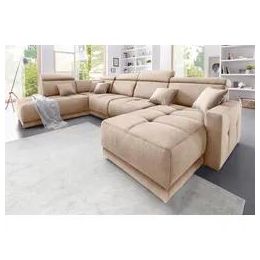 Wohnlandschaft DOMO collection "Ava U-Form" Sofas Gr. B/H/T: 351cm x 84cm x 222cm, Microfaser PRIMABELLE, Ottomane links, mit Kopfteilverstellung (Gesamtbreite 351cm), beige (natur) mit Federkern, wahlweise Kopfteilverstellungen