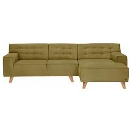 Ecksofa Tom Tailor HOME "NORDIC CHIC" Sofas Gr. B/H/T: 266cm x 77cm x 151cm, Samtstoff STC, Recamiere rechts, beige (gold mustard stc 13) mit Recamiere, im Retrolook, Füße Buche natur