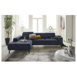 Ecksofa DOMO collection "Cunelli L-Form" Sofas Gr. B/H/T: 292cm x 79cm x 175cm, Struktur grob, Recamiere links, Mit Kopfteilverstellung, blau (dunkelblau) wahlweise inklusive 6-fach verstellbarer Kopfteilverstellung