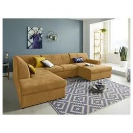 Wohnlandschaft DOMO collection "Topper U-Form" Sofas Gr. B/H/T: 320cm x 78cm x 213cm, Chenille-Optik, Ottomane links, Ohne Bettfunktion, gelb (senf) wahlweise mit Bettfunktion