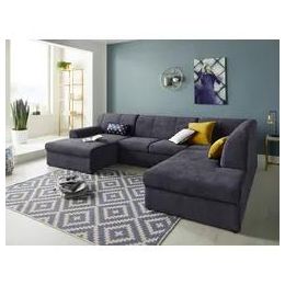 Wohnlandschaft DOMO collection "Topper U-Form" Sofas Gr. B/H/T: 320cm x 78cm x 213cm, Chenille-Optik, Ottomane rechts, Mit Bettfunktion, blau (dunkelblau) wahlweise mit Bettfunktion