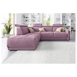 Ecksofa DOMO collection "Ava L-Form", lila (flieder), B:266cm H:84cm T:99cm, Kunstleder SOFTLUX, Struktur fein (100% Polyester), Zierkissen: Microfaser PRIMABELLE (100% Polyester), Struktur (100% Polyester), Microfaser PRIMABELLE (100% Polyester), Sofas, mit Ottomane, Federkern wahlweise mit Kopfteilverstellungen