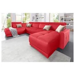 Wohnlandschaft DOMO collection "Ava U-Form" Sofas Gr. B/H/T: 351cm x 84cm x 222cm, Kunstleder SOFTLUX, Ottomane links, ohne Kopfteilverstellung (Gesamtbreite 346cm), rot mit Federkern, wahlweise Kopfteilverstellungen