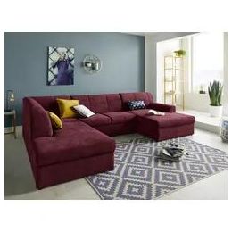 Wohnlandschaft DOMO collection "Topper U-Form" Sofas Gr. B/H/T: 320cm x 78cm x 213cm, Chenille-Optik, Ottomane links, Mit Bettfunktion, lila (beere) wahlweise mit Bettfunktion