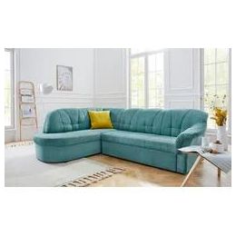 Ecksofa DOMO collection "Pegnitz L-Form" Sofas Gr. B/H/T: 246cm x 82cm x 180cm, Chenille-Optik, Ottomane links, mit Bettfunktion, blau (petrol) wahlweise mit Bettfunktion