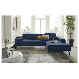 Ecksofa DOMO collection "Cunelli L-Form" Sofas Gr. B/H/T: 292cm x 79cm x 175cm, Struktur fein, Recamiere rechts, Mit Kopfteilverstellung, blau (dunkelblau) wahlweise inklusive 6-fach verstellbarer Kopfteilverstellung