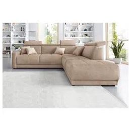 Ecksofa DOMO collection "Ava L-Form" Sofas Gr. B/H/T: 266cm x 84cm x 99cm, Microfaser PRIMABELLE, Ottomane rechts, mit Kopfteilverstellung, beige (natur) mit Ottomane, Federkern wahlweise Kopfteilverstellungen