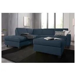 Ecksofa DOMO collection "Florentina L-Form" Sofas Gr. B/H/T: 243cm x 84cm x 209cm, Struktur fein, Ottomane links, Ohne Bettfunktion, blau (dunkelblau) wahlweise mit Bettfunktion, Kontrastnaht