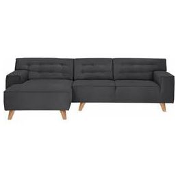 Ecksofa Tom Tailor HOME "NORDIC CHIC" Sofas Gr. B/H/T: 266cm x 77cm x 151cm, Samtstoff STC, Recamiere links, schwarz (tarmac stc 19) mit Recamiere, im Retrolook, Füße Buche natur