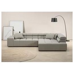 Ecksofa Inosign "Ancona incl. Kopfteilverstellung, Zierkissen Breite 319cm, L-Form" Sofas Gr. B/H/T: 319cm x 70cm x 215cm, Struktur, Recamiere rechts, ohne Sitztiefenverstellung, grau (hellgrau) wahlweise motorische Sitztiefenverstellung, auch in Cord + Easy Care